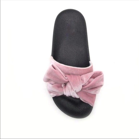 Shoes | Blush Pink Velvet Bow Slides | Poshmark